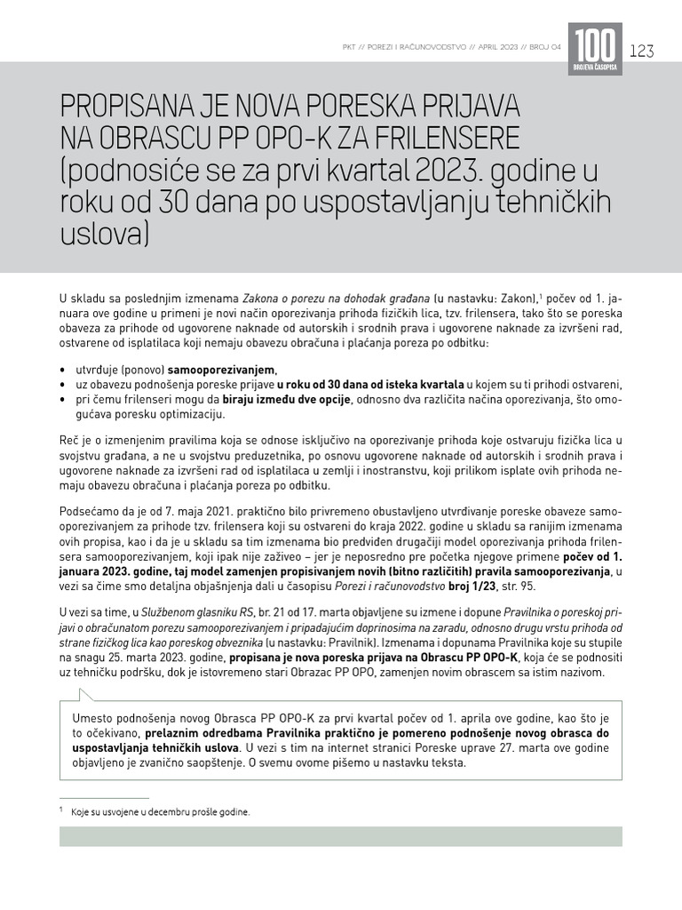 Nova PP Na Obrascu PP OPO Za Frilensere 2023 | PDF