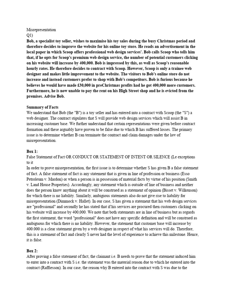 Misrepresentation All Answers | PDF | Misrepresentation | Damages