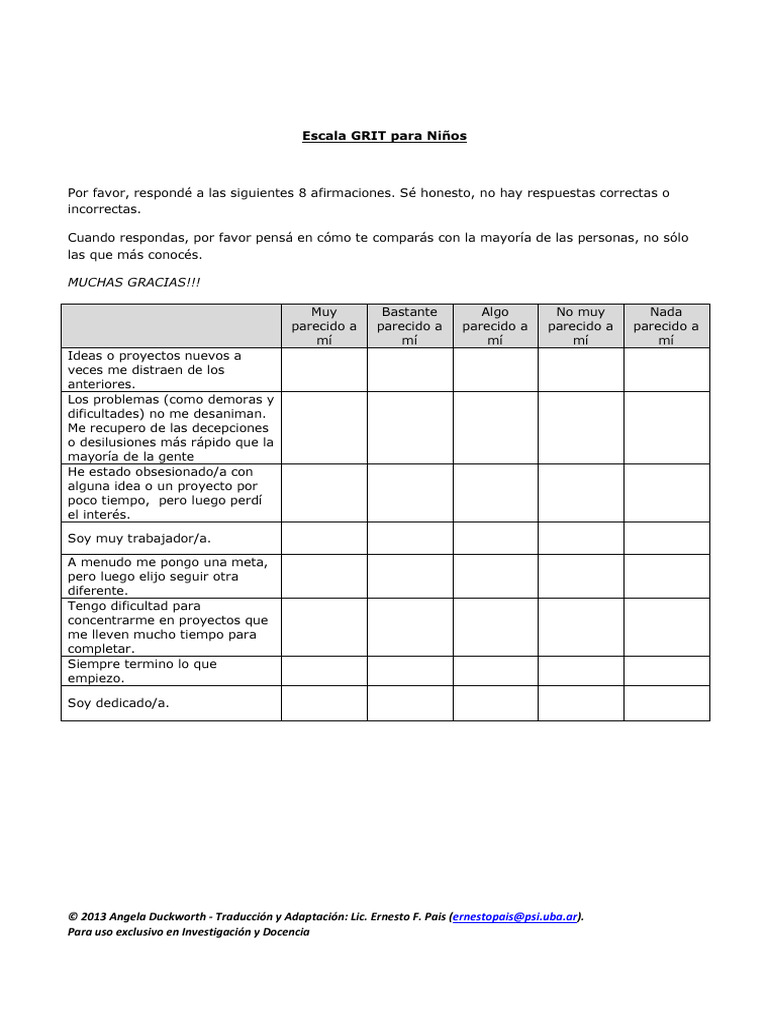 Escala GRIT para Niños: Evaluación y Puntajes | PDF | Crecimiento ...