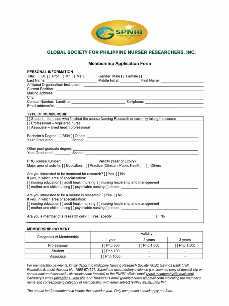 PNRS New Membership Application Form 2022 | PDF