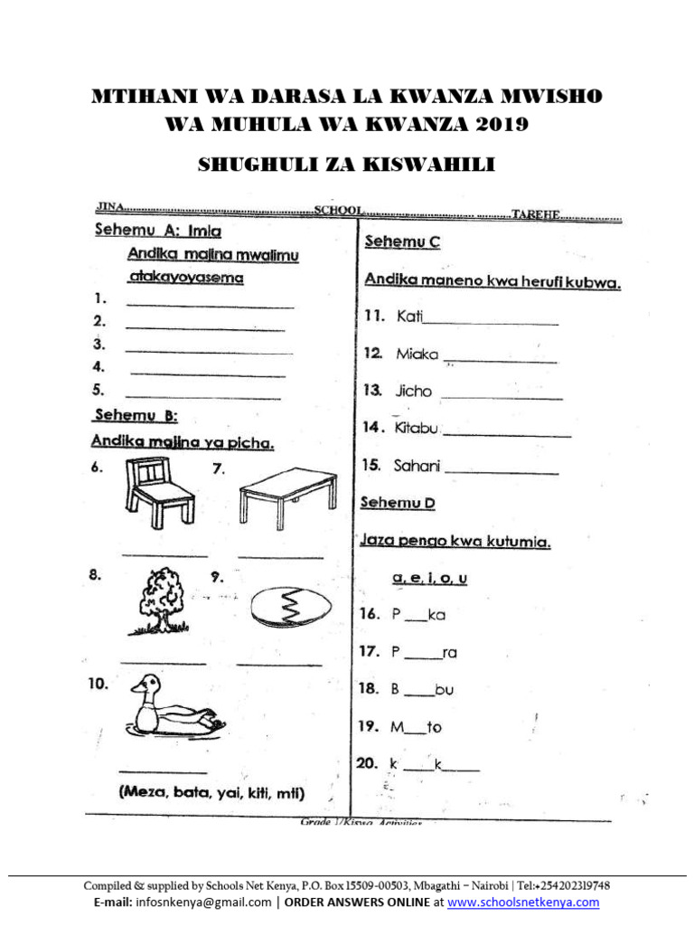 Kiswahili Grade 1 Exam Paper 2019 | PDF | Career & Growth | Social Science