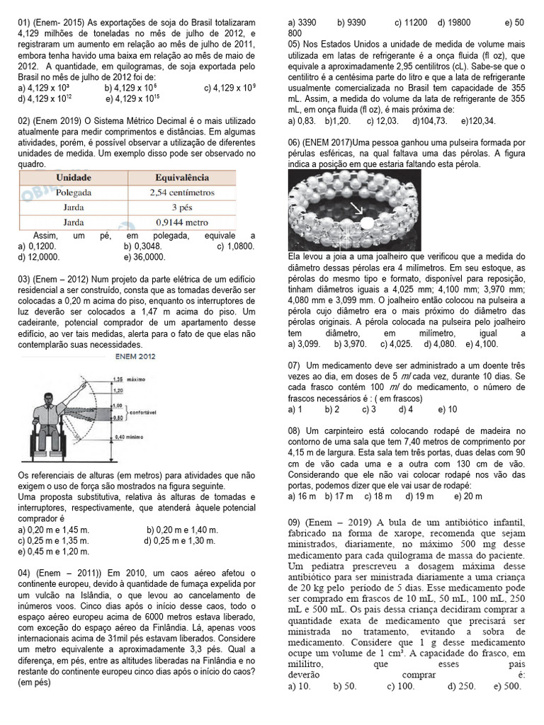 Atividades Sobre Unidades De Medida Enem Pdf Unidades De Medida
