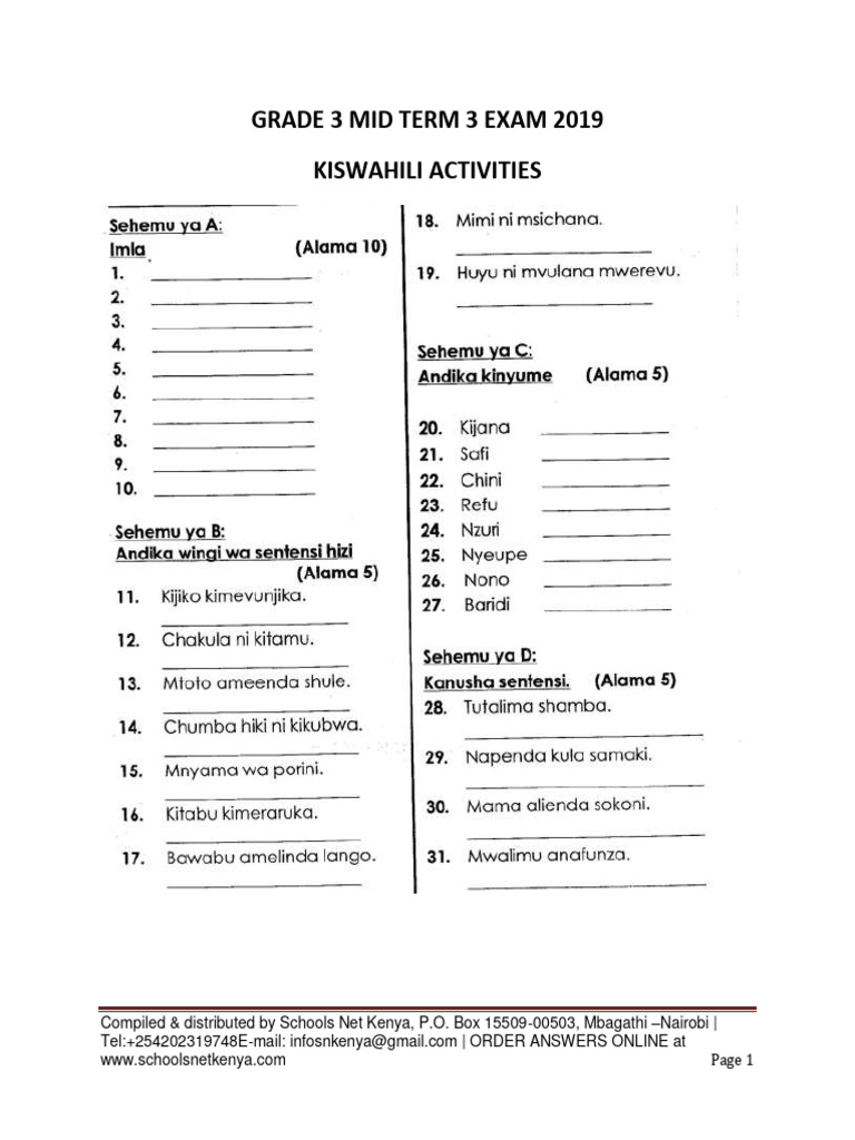 Kiswahili Activities Grade 3 Mid Term 3 2019 | PDF | Business | Social Science