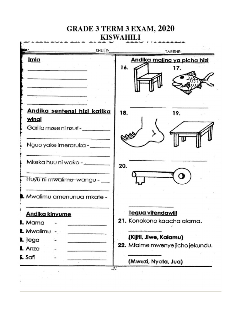 Kiswahili Grade 3 Term 3 Exam 2020 | PDF