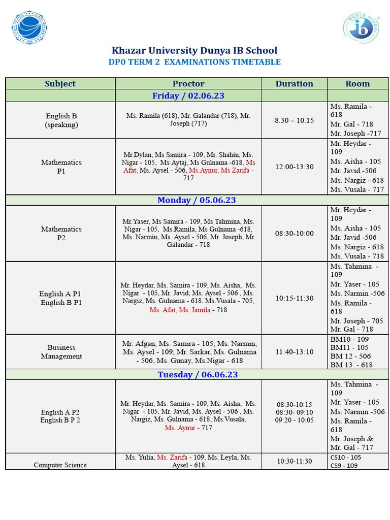 DP0 Term 2 Exam Timetable Template | PDF