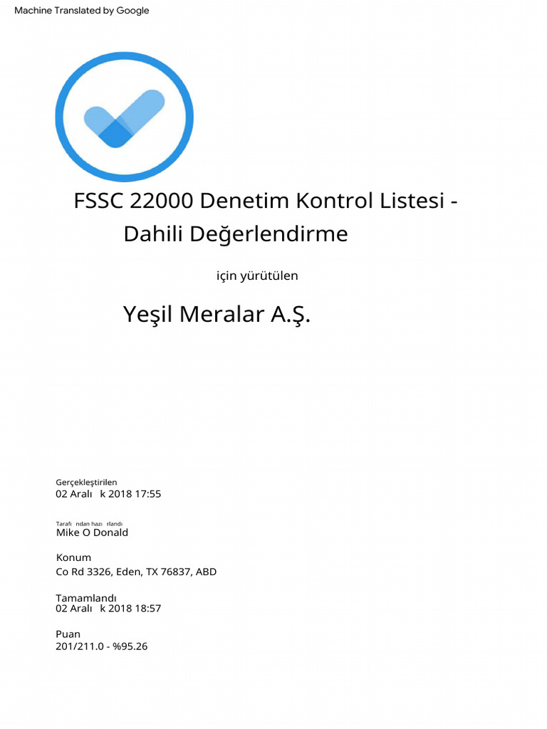 FSSC 22000 Audit Checklist Sample Report Iauditor | PDF