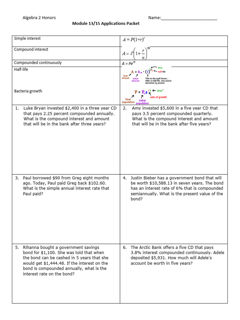 Algebra 2 Honors: Interest & Growth Problems | PDF | Interest ...