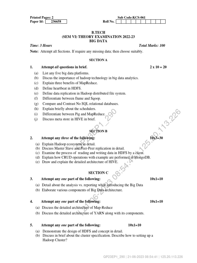 Big Data Exam Paper AKTU 2022-23 | PDF | Apache Hadoop | Apache Spark