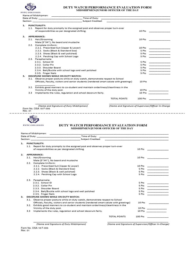 OSA-18-F-006-Rev-01-DUTY-WATCH-PERFORMANCE-EVALUATION-FORM-NO-2.1 | PDF ...