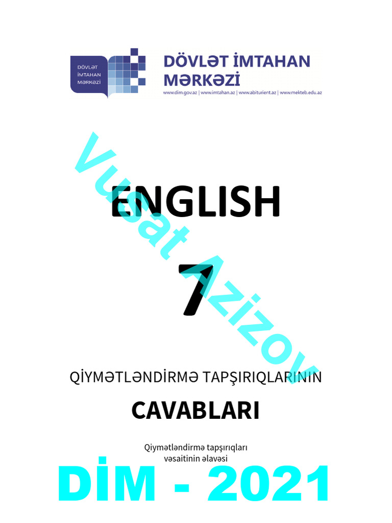 DİM İngilis Dili 7 Ci Sinif Testinin Cavabları 2021 Vüsət Əzizov | PDF