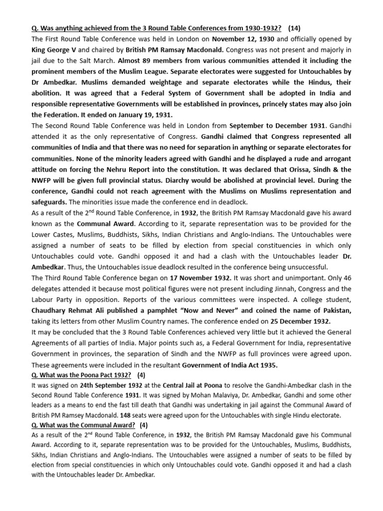 Achievements of 1930-32 Round Table Conferences | PDF | Indian ...