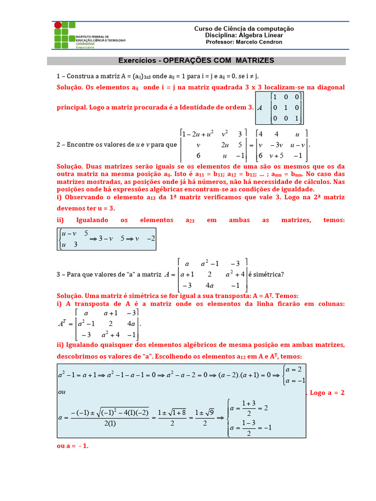 Exercícios de Álgebra Linear com Matrizes | PDF | Matriz (Matemática ...