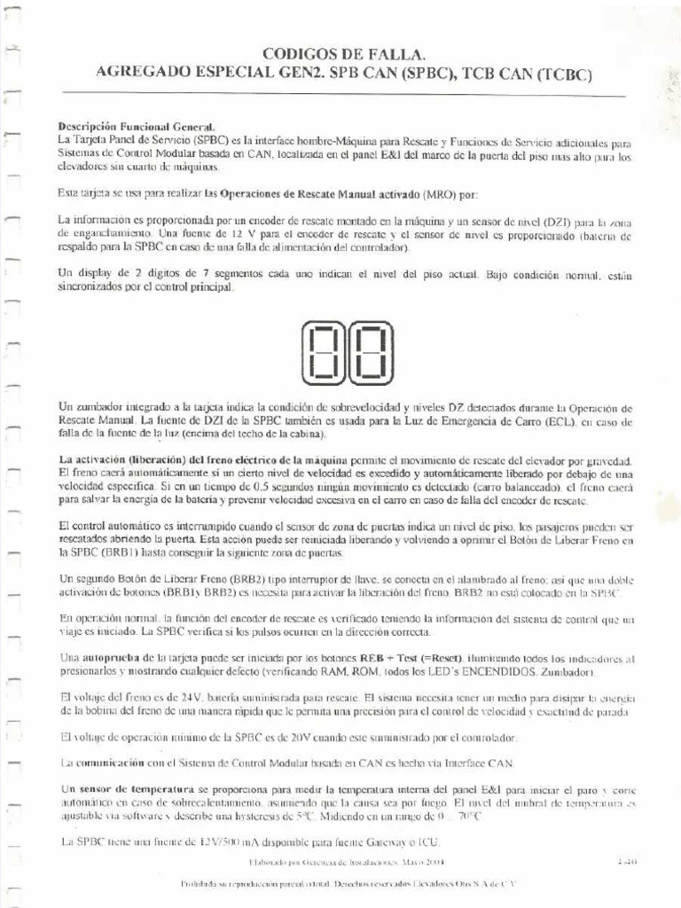 Otis Gen2 SPB SPBC TCB TCBC Codigos de Fallas - Compress | PDF
