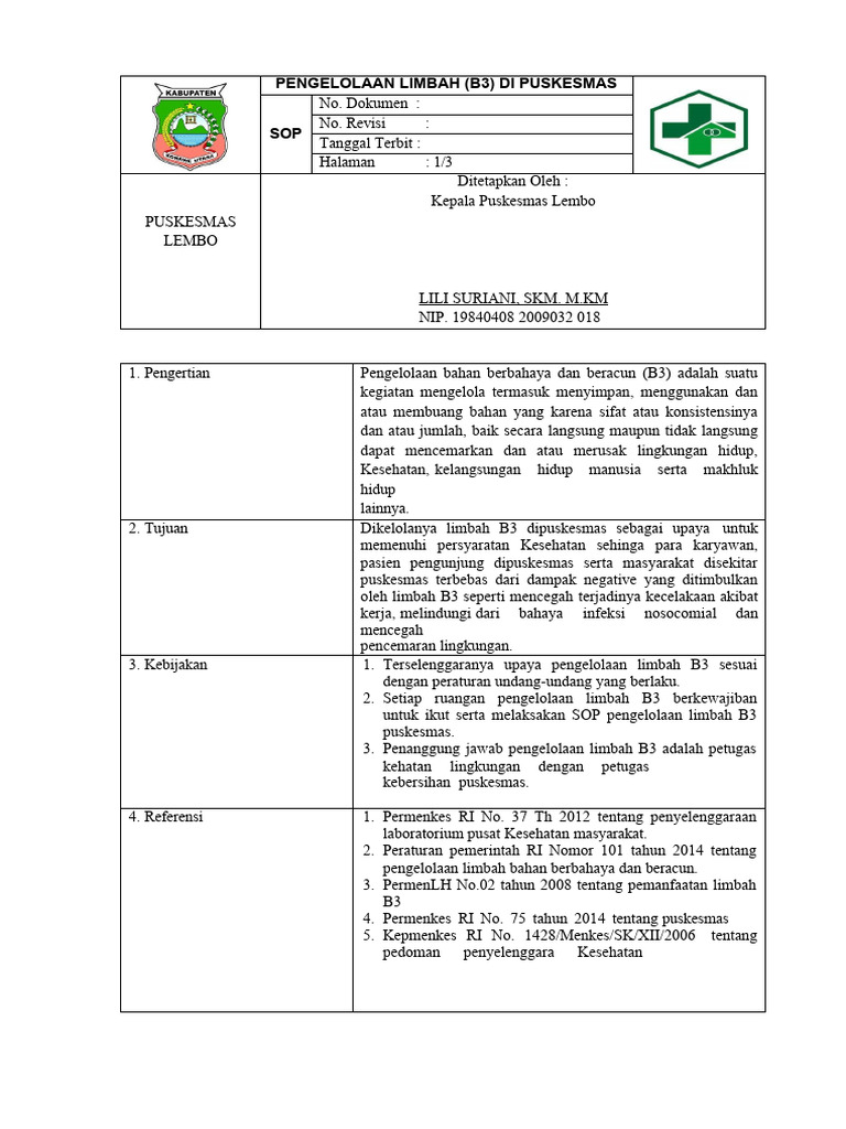 SOP Pengelolaan Limbah B3 Puskesmas | PDF