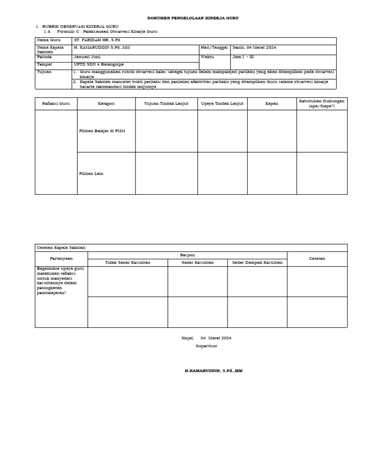 C. Tindak Lanjut Observasi Kinerja Guru | PDF | Pengembangan Diri
