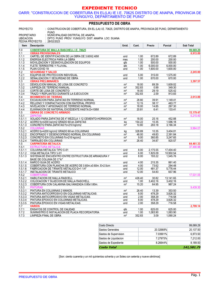 Presupuesto de Obra | PDF | Ingeniería estructural | edificio