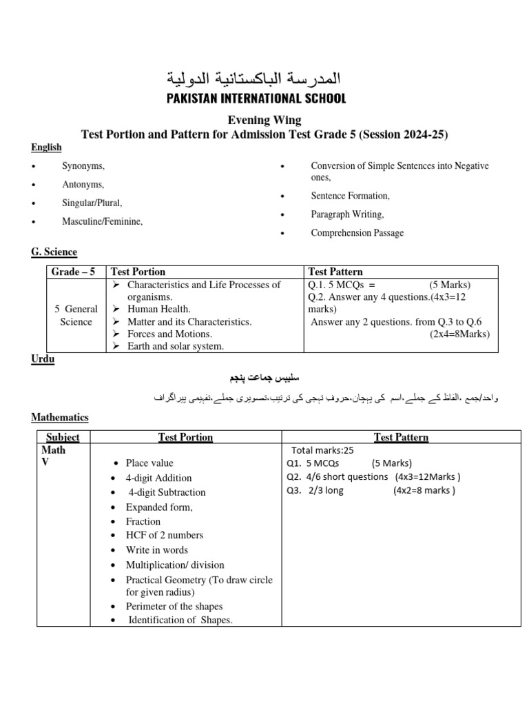 Grade 5 Admission Test Pattern 2024-25 | PDF | Linguistics