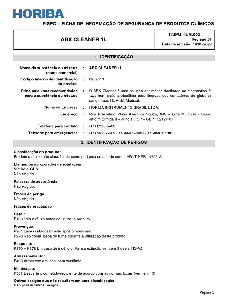 FISPQ.HEM.003.01 - ABX Cleaner 1L | PDF | Incêndios | Vapor