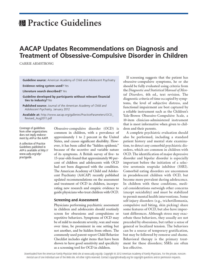 AACAP Practice Guidelines Update OCD | PDF | Obsessive–Compulsive ...
