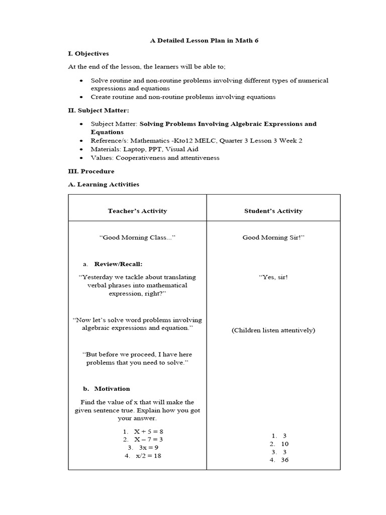 Math 6 Lesson Plan: Solving Equations | PDF | Equations | Mathematics