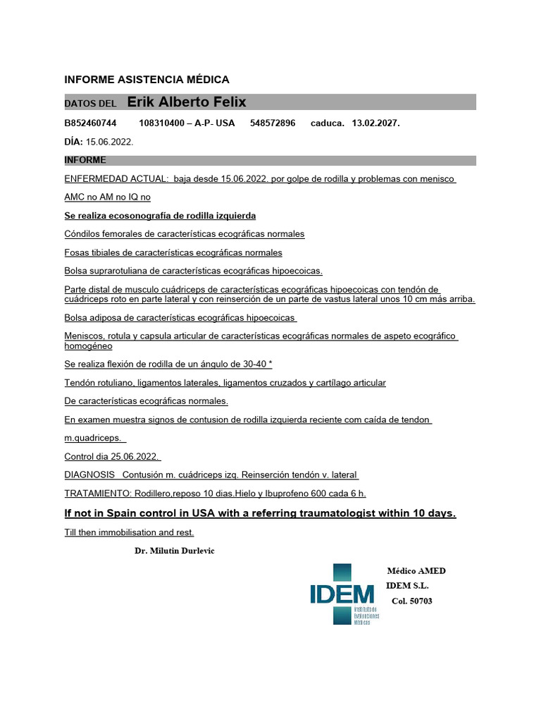 Ecografia de Rodilla Informe Asistencia Medica Amed | PDF