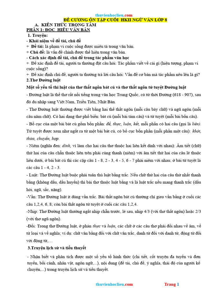 De Cuong On Tap HK2 Ngu Van 8 Canh Dieu | PDF