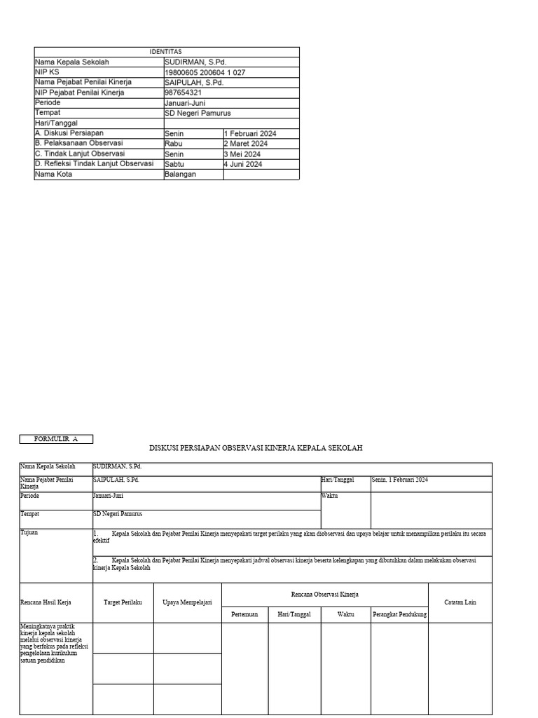 Form Observasi Kinerja KS | PDF