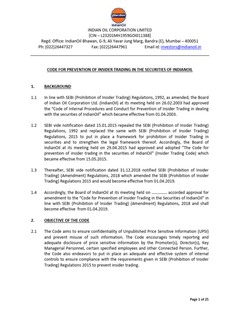 IOC Insider Trading Code 2019 | PDF | Insider Trading | Stocks