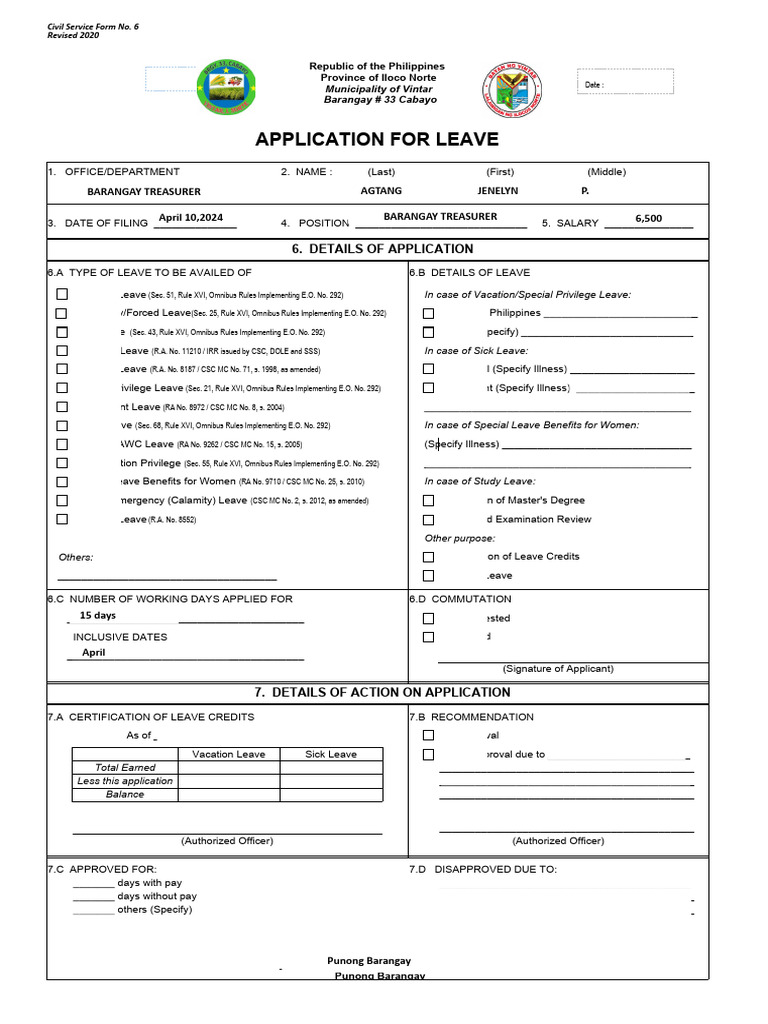 CS Form No. 6, Revised 2020 (Application For Leave) (Fillable) | PDF | Parental Leave | Sick Leave