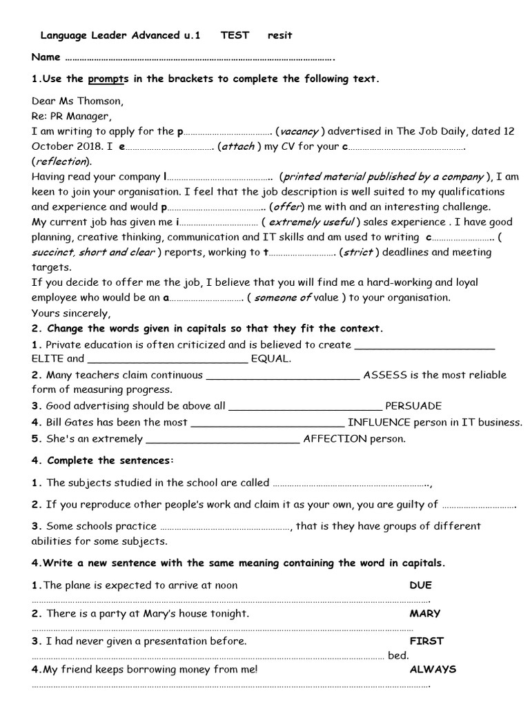 LANGUAGE LEADER ADVANCED UNIT 1 TEST Resit | PDF | Human Communication ...