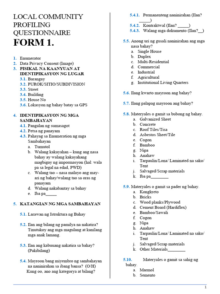 Local Community Profiling Questionnaire - Tagalog | PDF