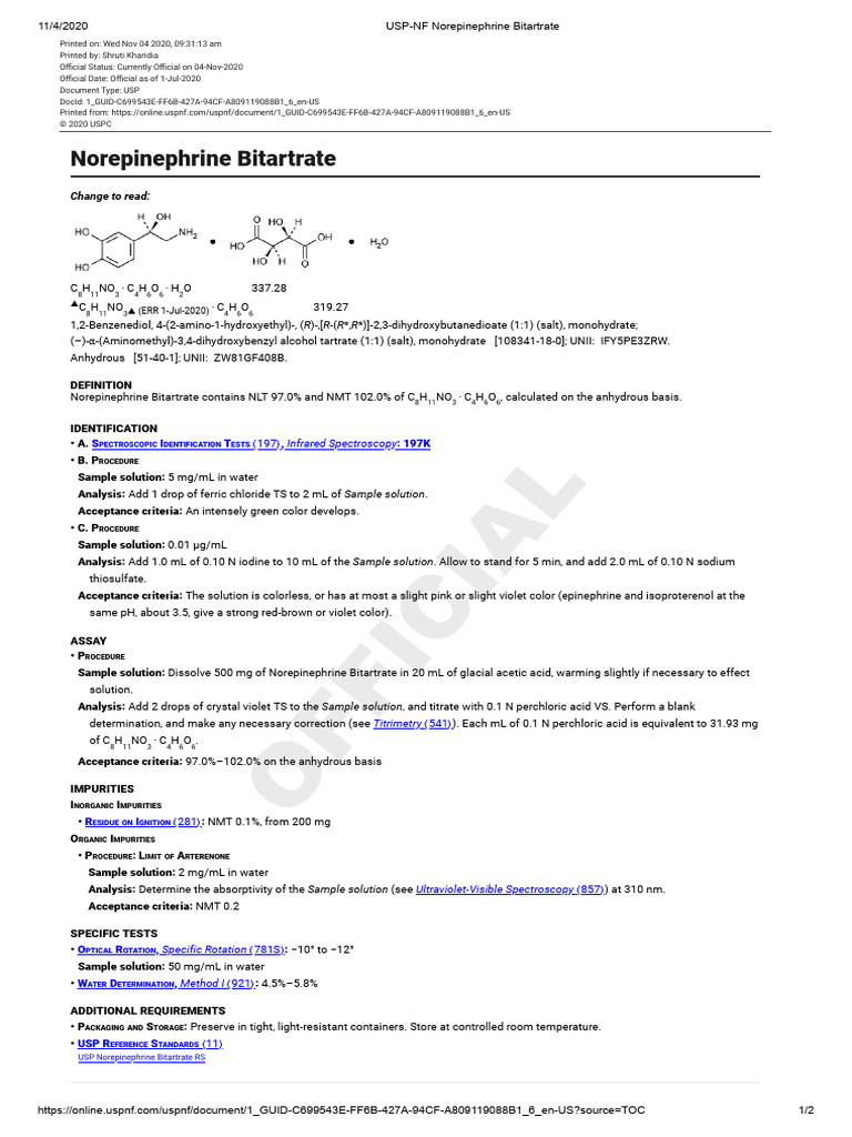 Norepinephrine Bitartrate | PDF | Chemistry | Physical Chemistry
