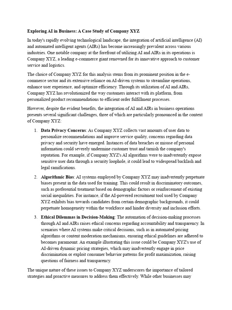 Exploring AI in Business - A Case Study of Company XYZ | PDF ...