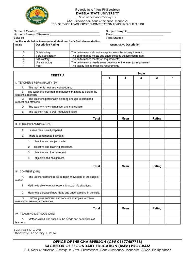 Pre-Service Teacher Evaluation Checklist | PDF | Teachers | Learning
