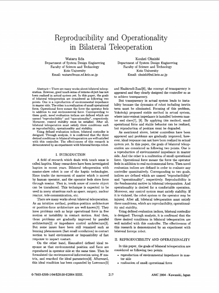 Reproducibility And Operationality In Bilateral Teleoperation Pdf Force Control Theory