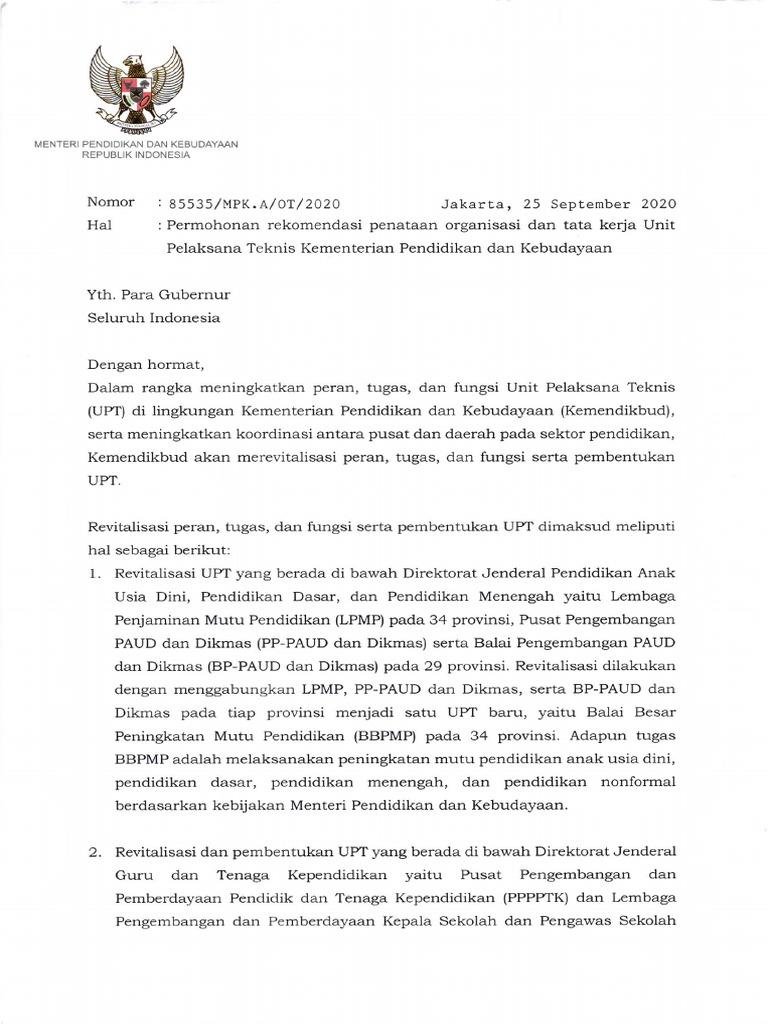 Surat Permohnan Rekomendasi Penataan UPT Ke Gubernur | PDF