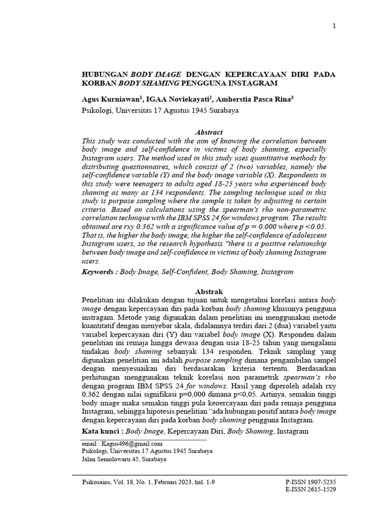 Hubungan Body Image Dengan Kepercayaan Diri Pada Korban Body Shaming Pengguna Instagram Agus ...
