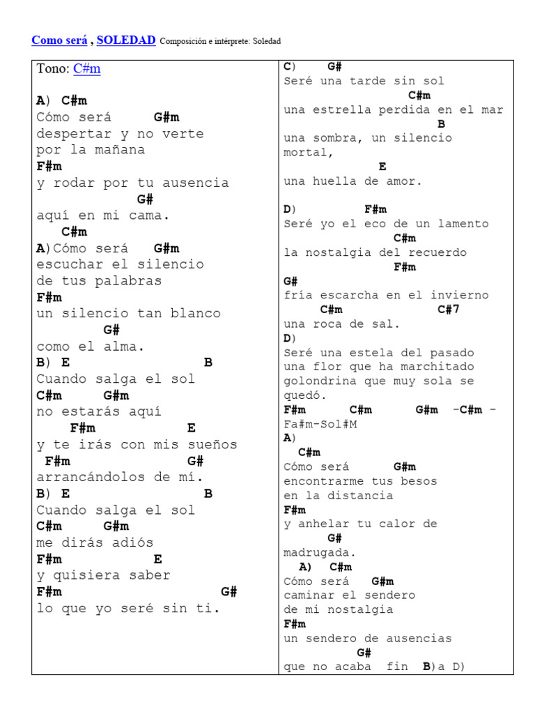 Canción Como Será Soledad Letra y Acordes | PDF