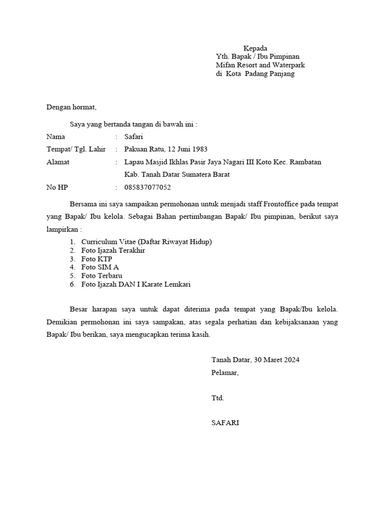 Surat Lamaran Kerja Front Office | PDF