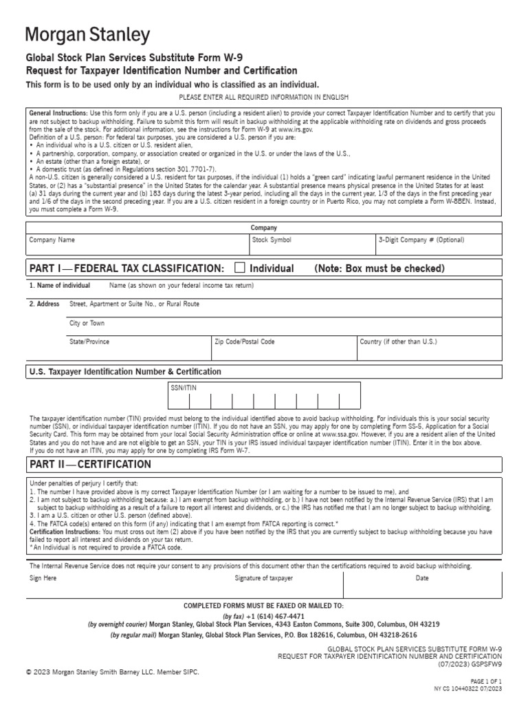 Global Stock Plan Services Substitute Form W-9 Request For Taxpayer ...