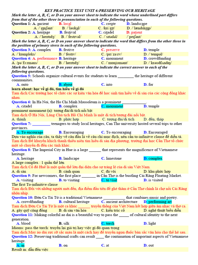 Practice Test Unit 6 Chuẩn - Key | PDF