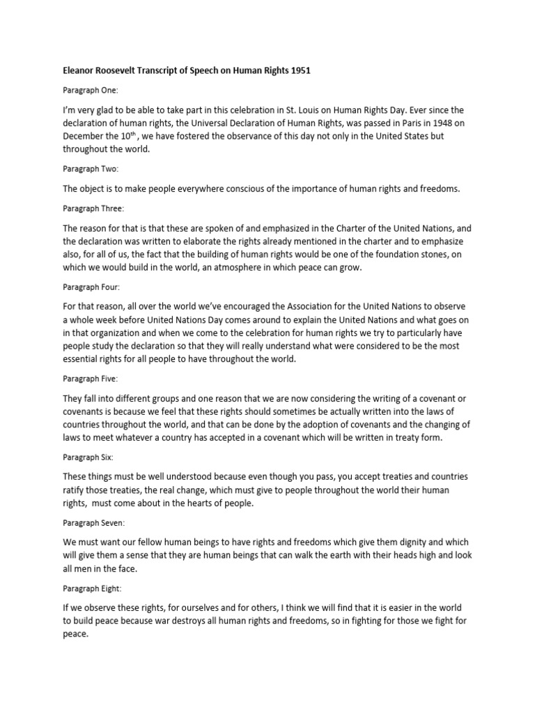 Eleanor Roosevelt Transcript of Speech On Human Rights 1951 | PDF ...