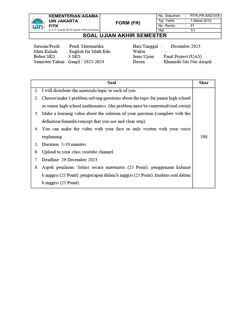 UAS English For Math Edu SMT Ganjil 2023-2024 Khamida | PDF