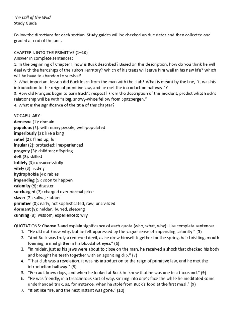 Call of the Wild Study Guide: Chapters 1-3 | PDF | The Call Of The Wild