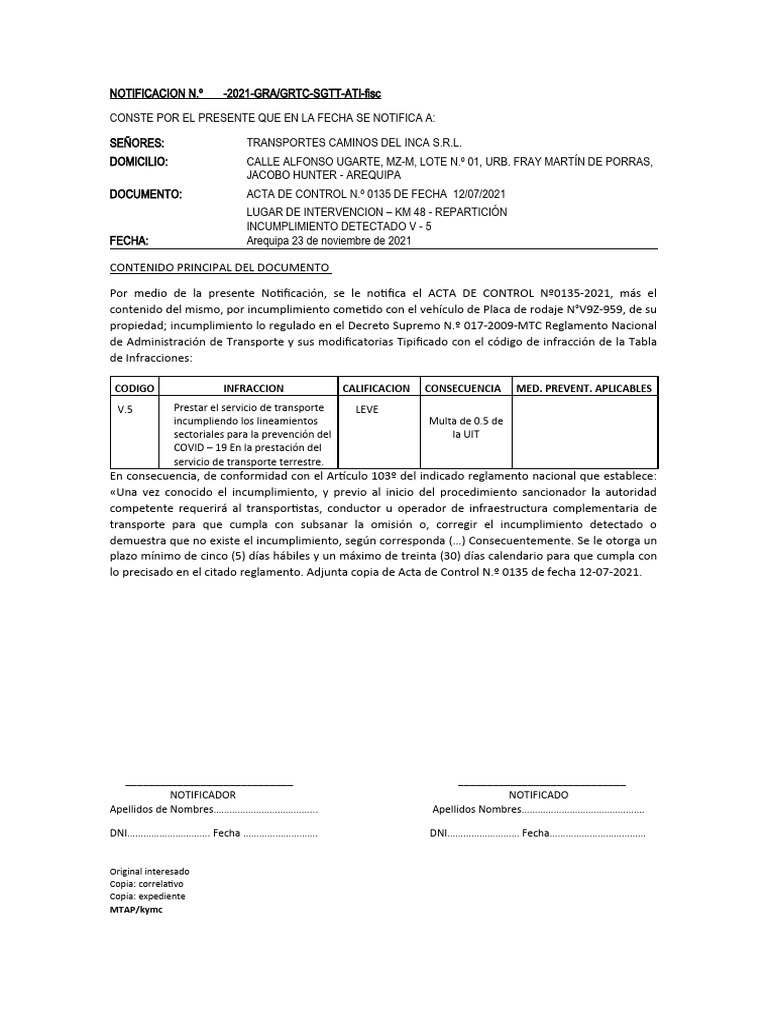 Notificación Acta de Control V5 0135-2021 | PDF