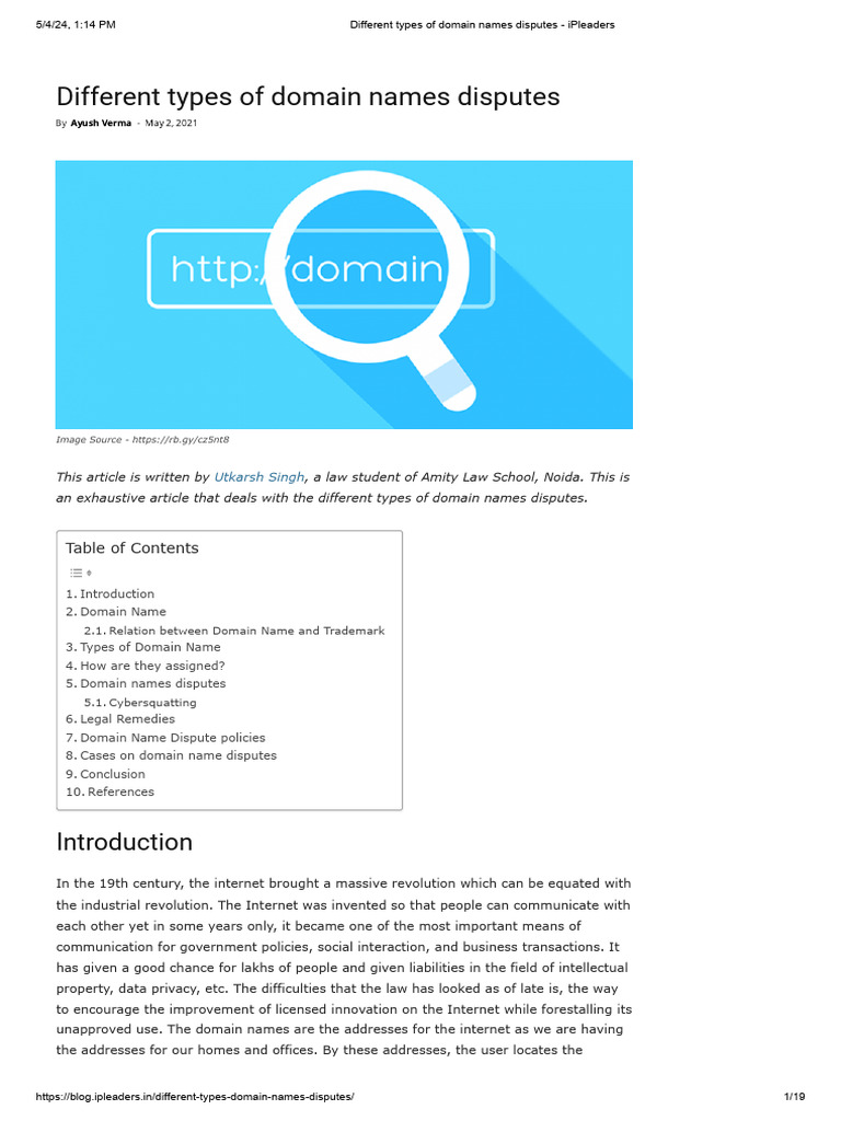 Different Types of Domain Names Disputes - IPleaders | PDF | Domain ...
