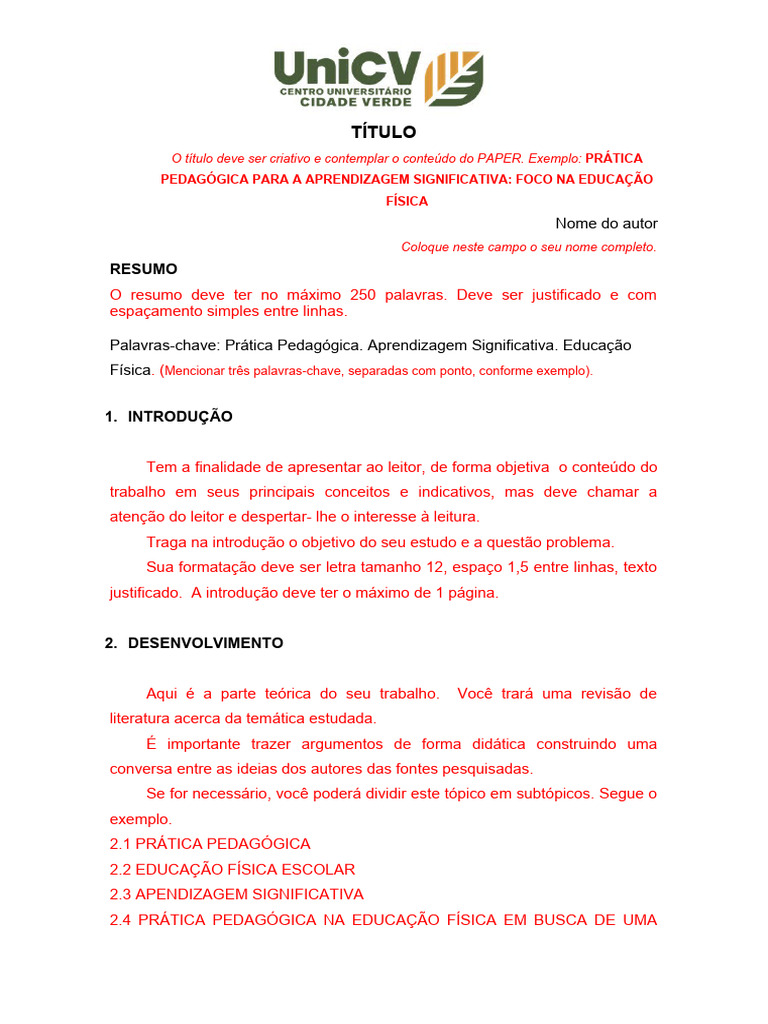 Modelo Entrega Do Artigo Versão Final | PDF | Abstract (resumo) | Pedagogia