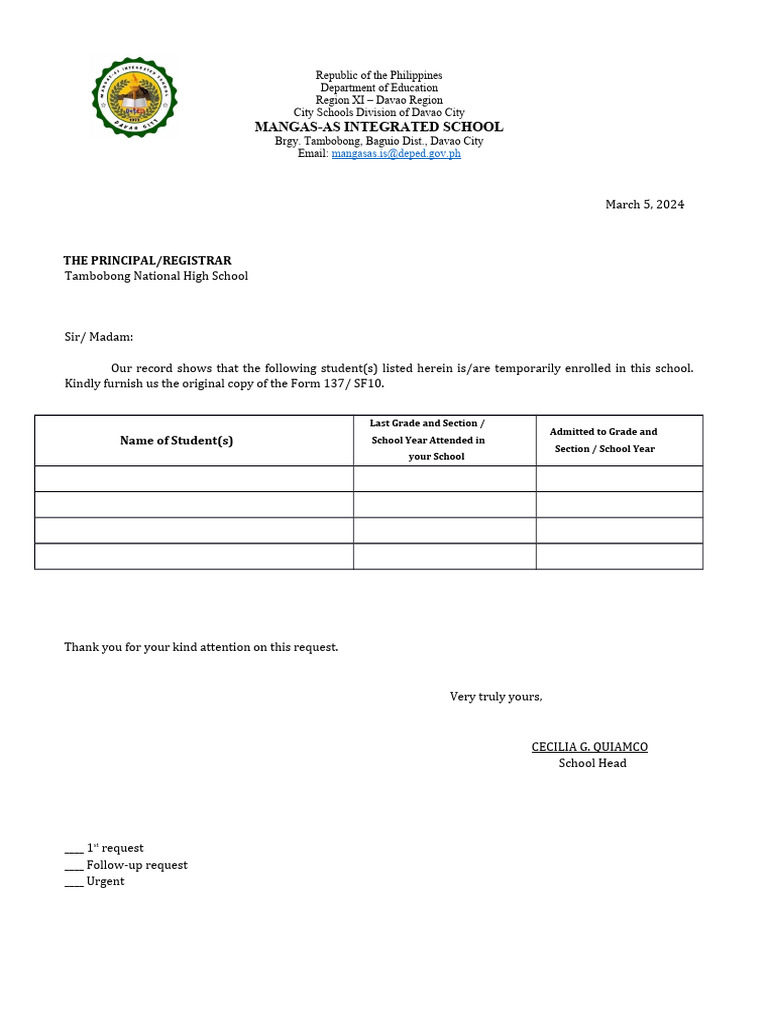 Form 137 Request Letter | PDF