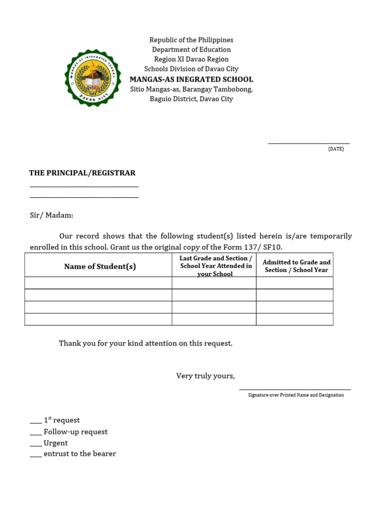 Form 137 Request Letter | PDF