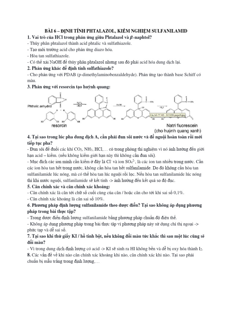 Bài 06 - Định tính phtalazol, Kiểm nghiệm Sulfanilamid | PDF